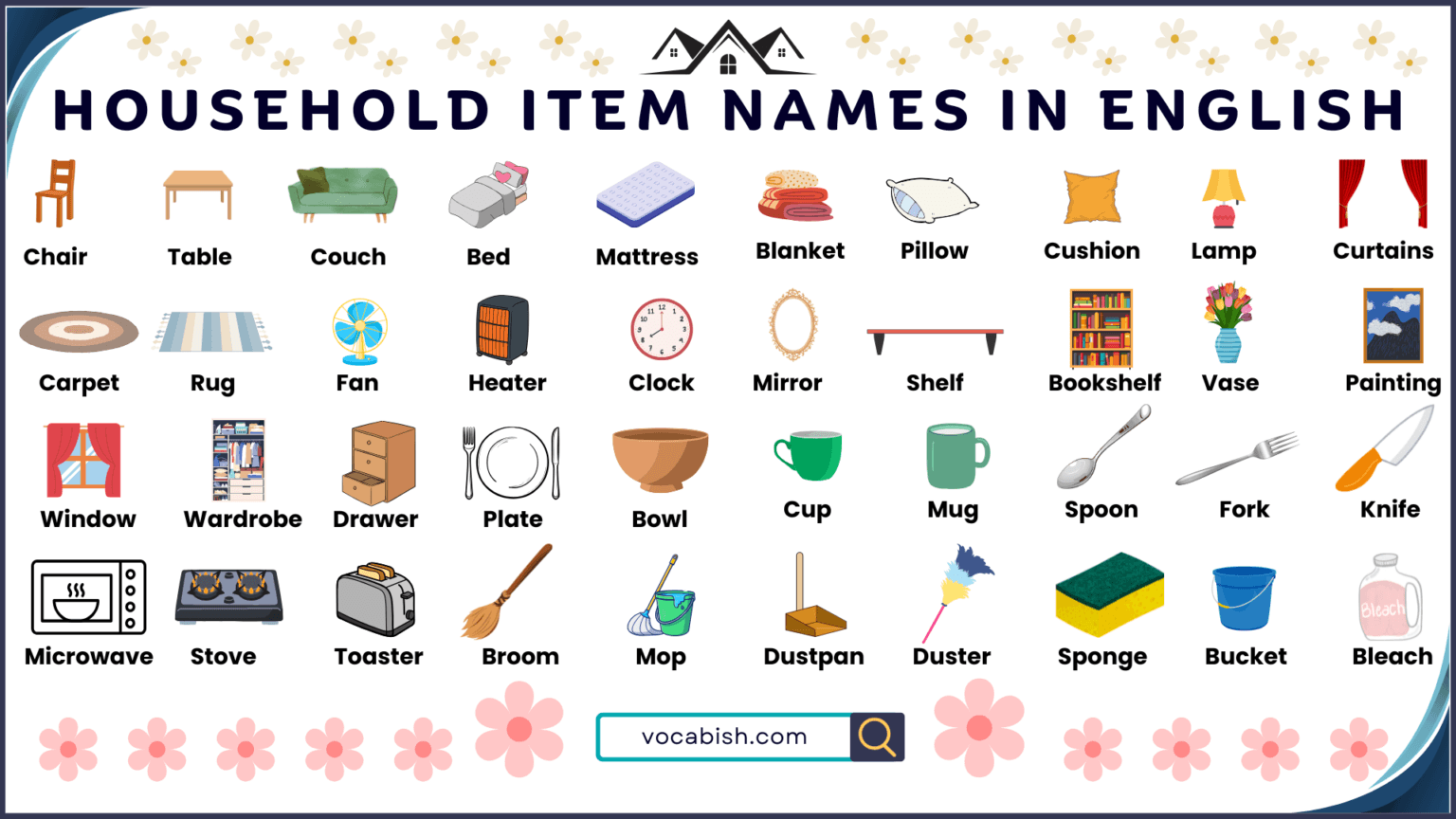 50+ Daily Used Household Item Names in English with Pictures | Vocabish
