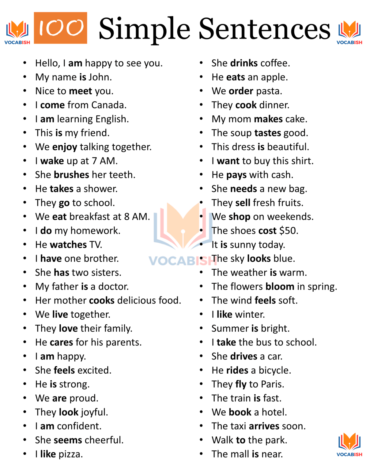 100 Simple Sentences for Daily Conversations | Vocabish