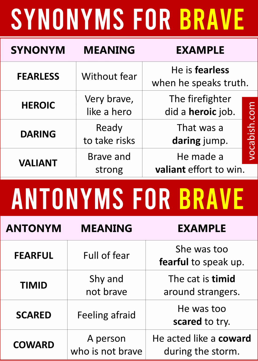 Synonyms and Antonyms of Brave | Vocabish