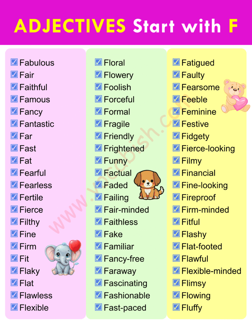 100 Adjectives that Start with F in English With Meanings | Vocabish