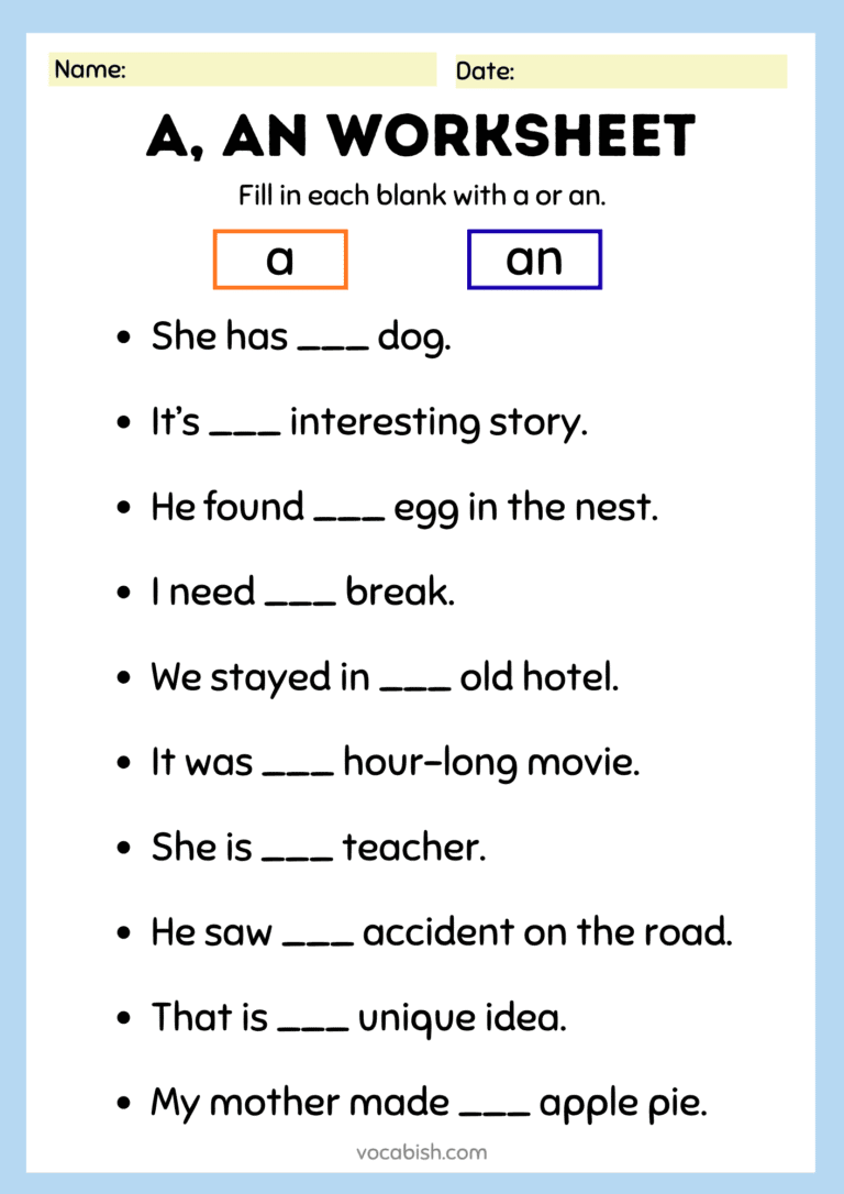A, An Worksheet with Answers | Articles Worksheet | Vocabish