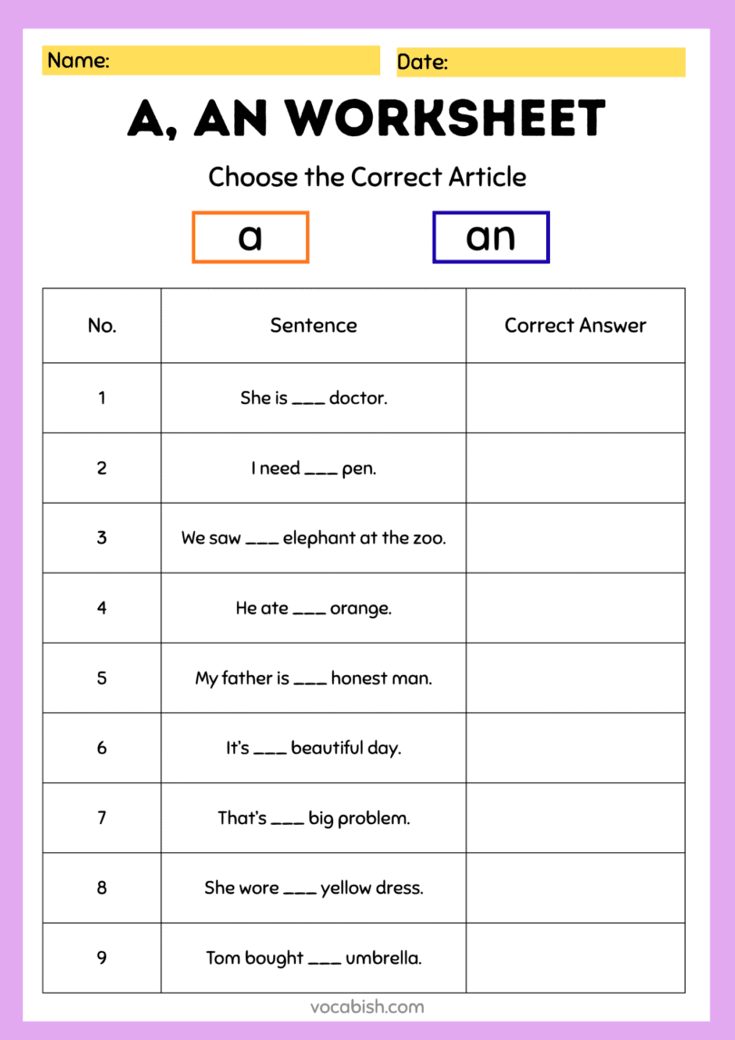 A, An Worksheet with Answers | Articles Worksheet | Vocabish