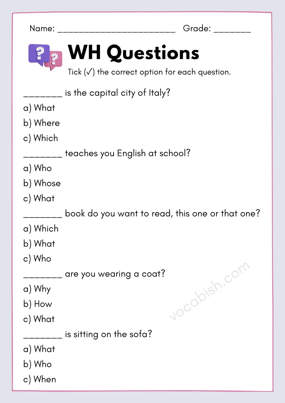WH Questions Worksheet with Answers and Free PDF | Vocabish