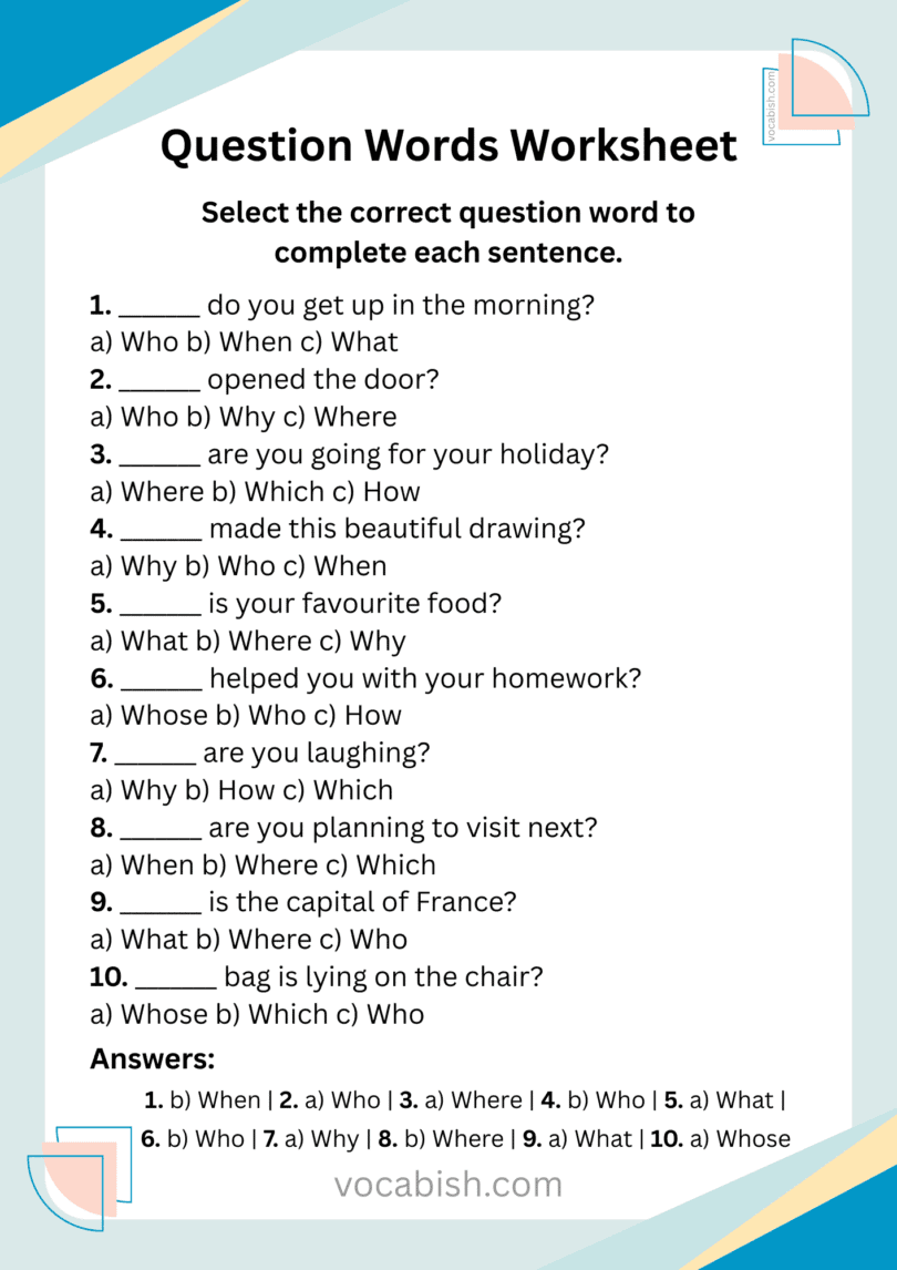 Question Words Worksheet with Answers and Free PDF | Vocabish