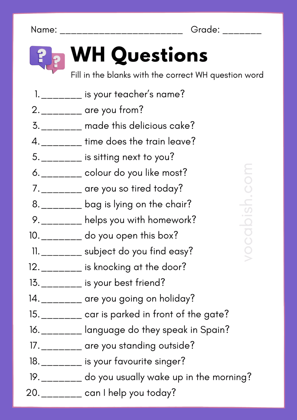 WH Questions Worksheet with Answers and Free PDF | Vocabish