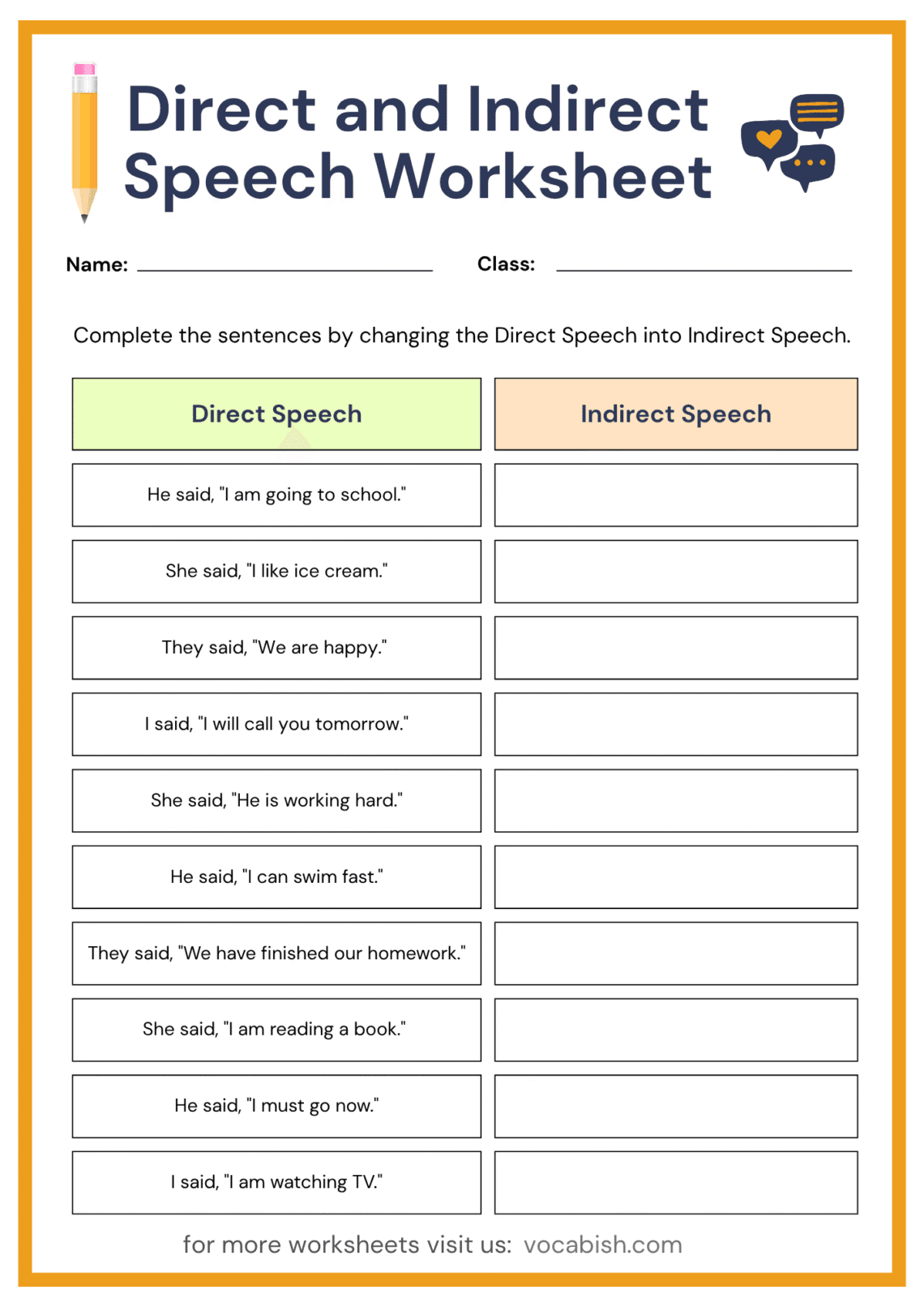 Direct and Indirect Speech Worksheet with Free PDF | Vocabish
