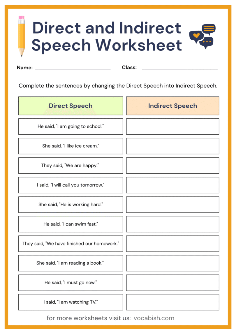 Direct and Indirect Speech Worksheet with Free PDF | Vocabish