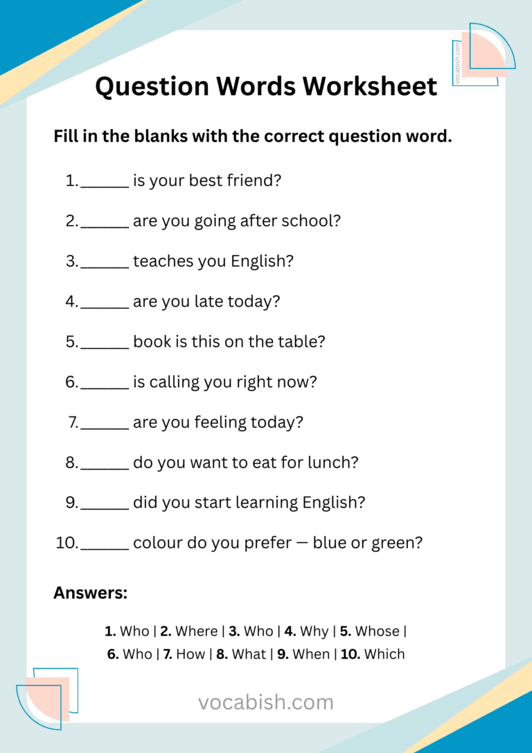 Question Words Worksheet with Answers and Free PDF | Vocabish