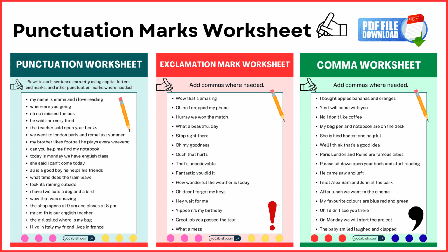Punctuation Marks Worksheet | Punctuation Worksheets with PDF | Vocabish