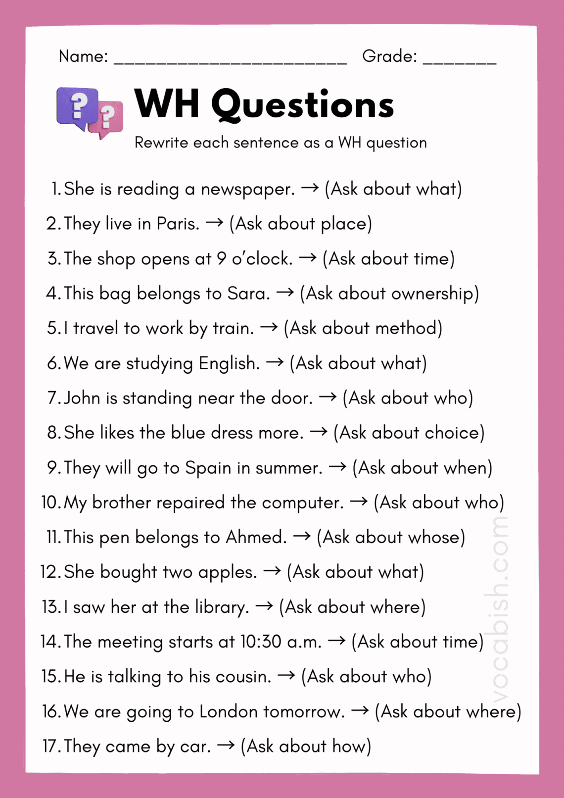 WH Questions Worksheet with Answers and Free PDF | Vocabish