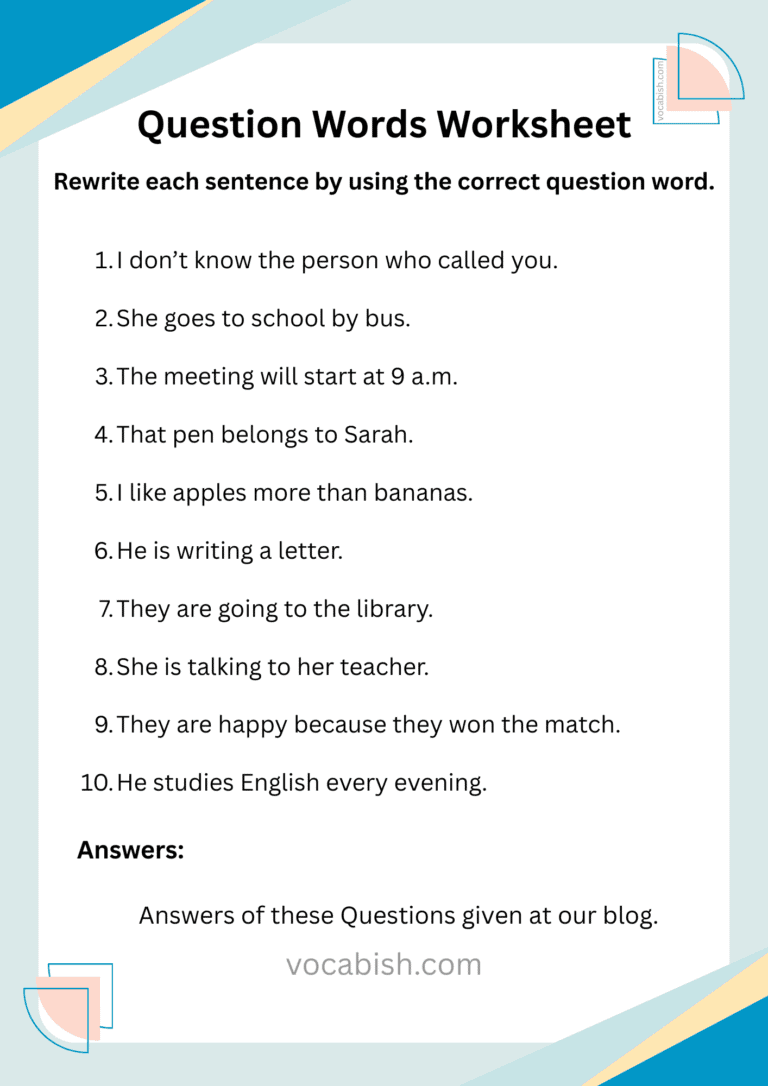 Question Words Worksheet with Answers and Free PDF | Vocabish
