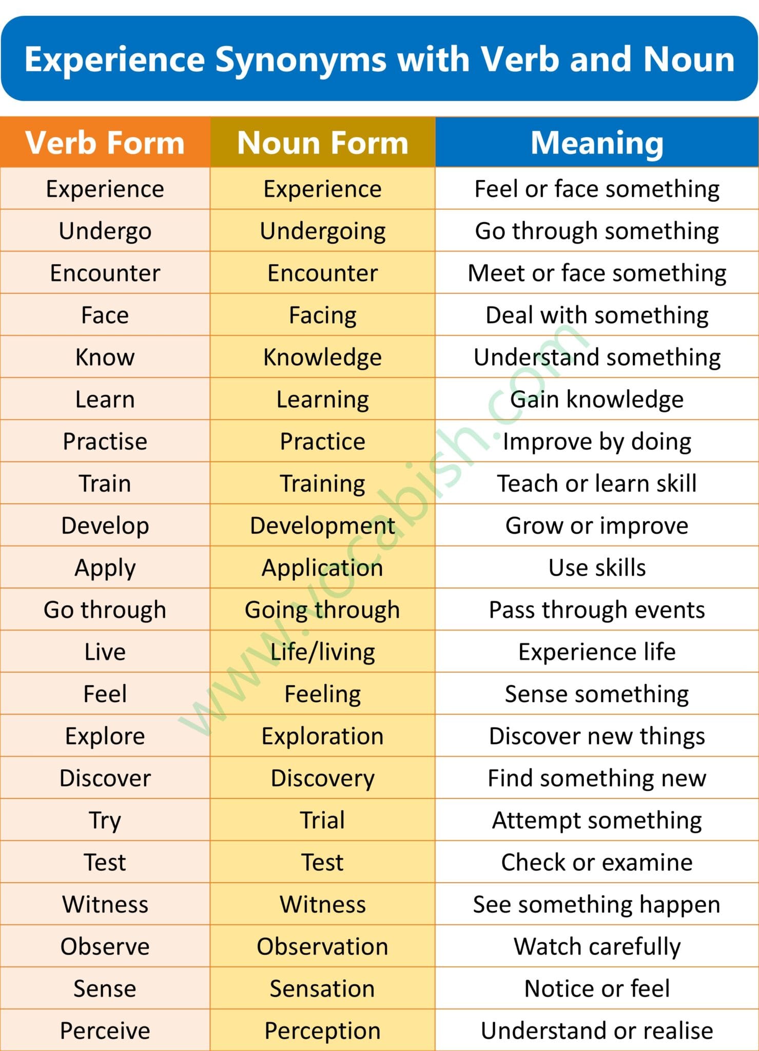 Synonyms for Experience with Meanings in English | Vocabish