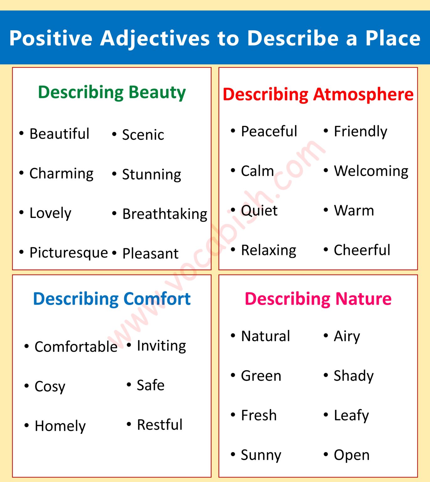100+ Positive Adjectives to Describe a Place in English | Vocabish