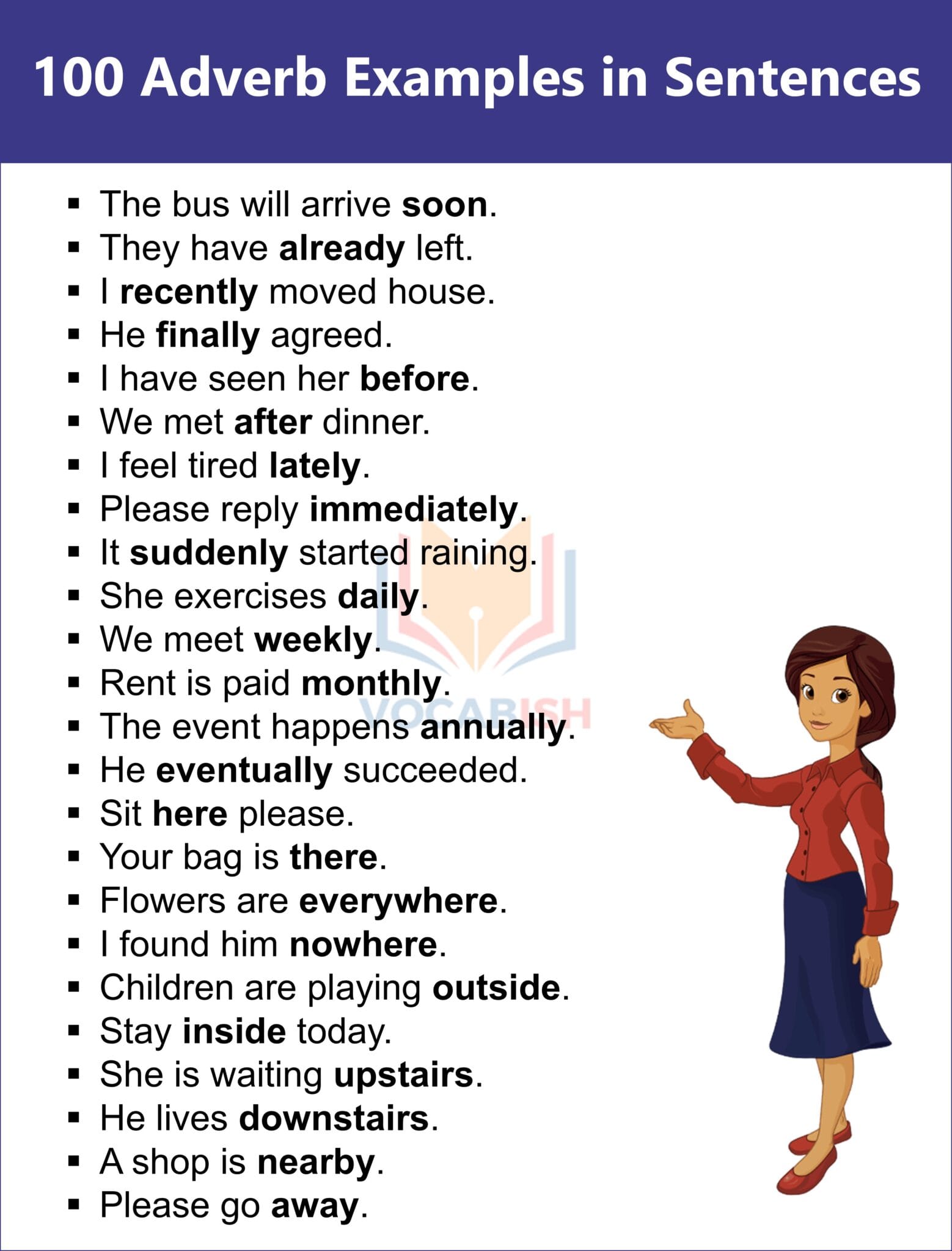 100 Adverb Examples in Sentences with PDF | Adverb Examples | Vocabish