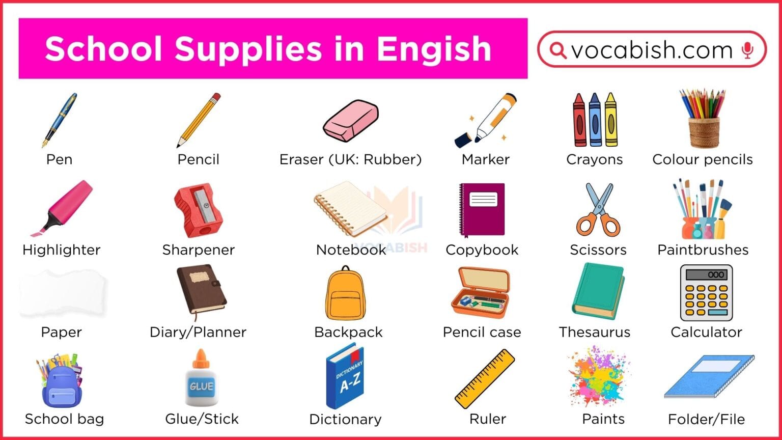 22 School Supplies Name in English with Pictures | Vocabish