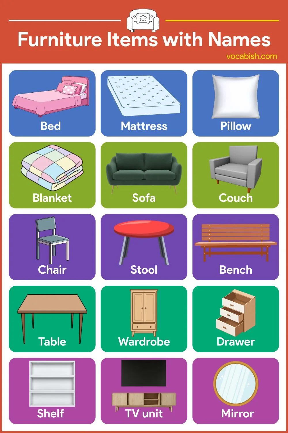 A to Z List of Furniture Items with Names and Pictures | Vocabish