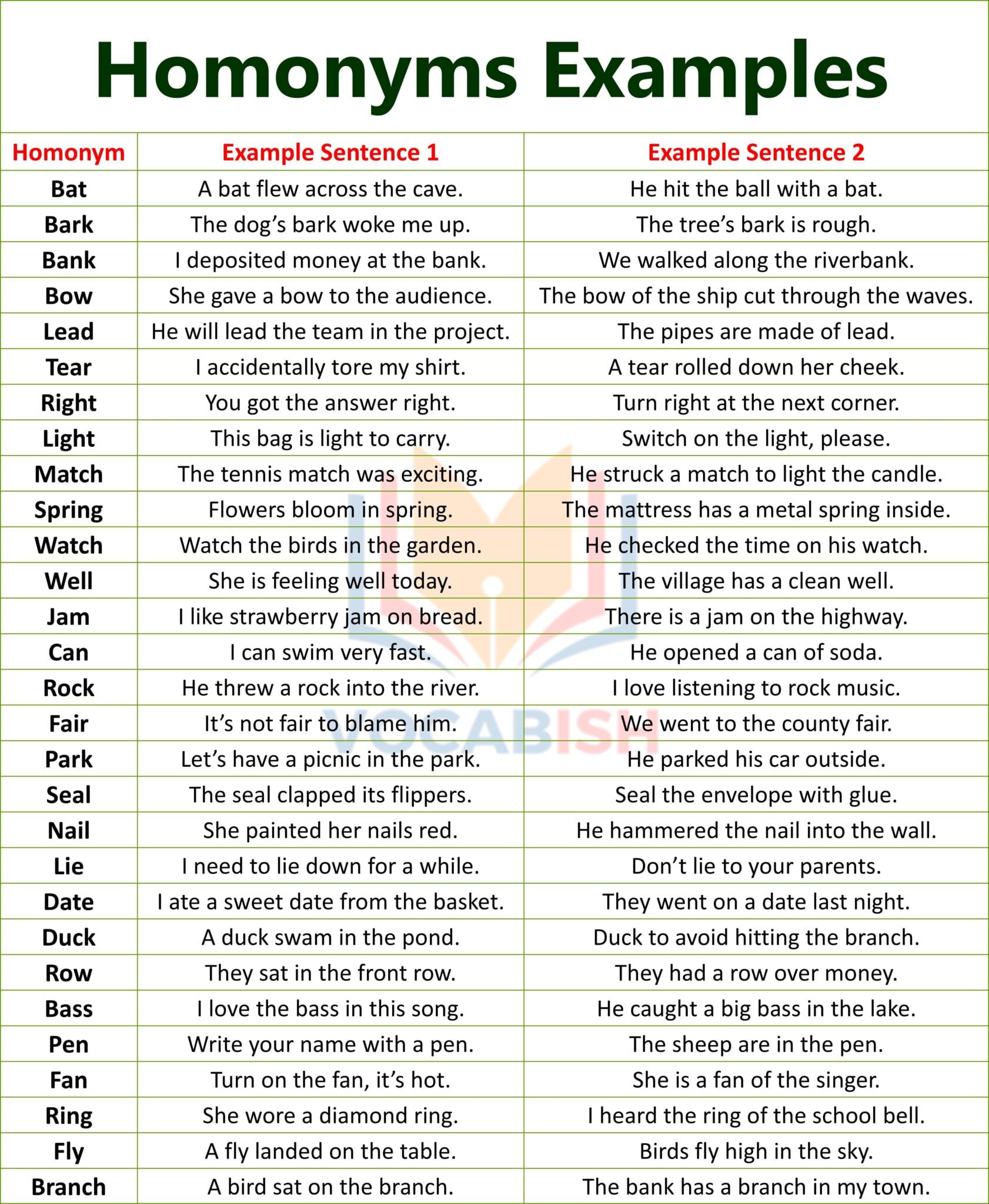 100 Homonyms Meanings and Examples in English | Vocabish