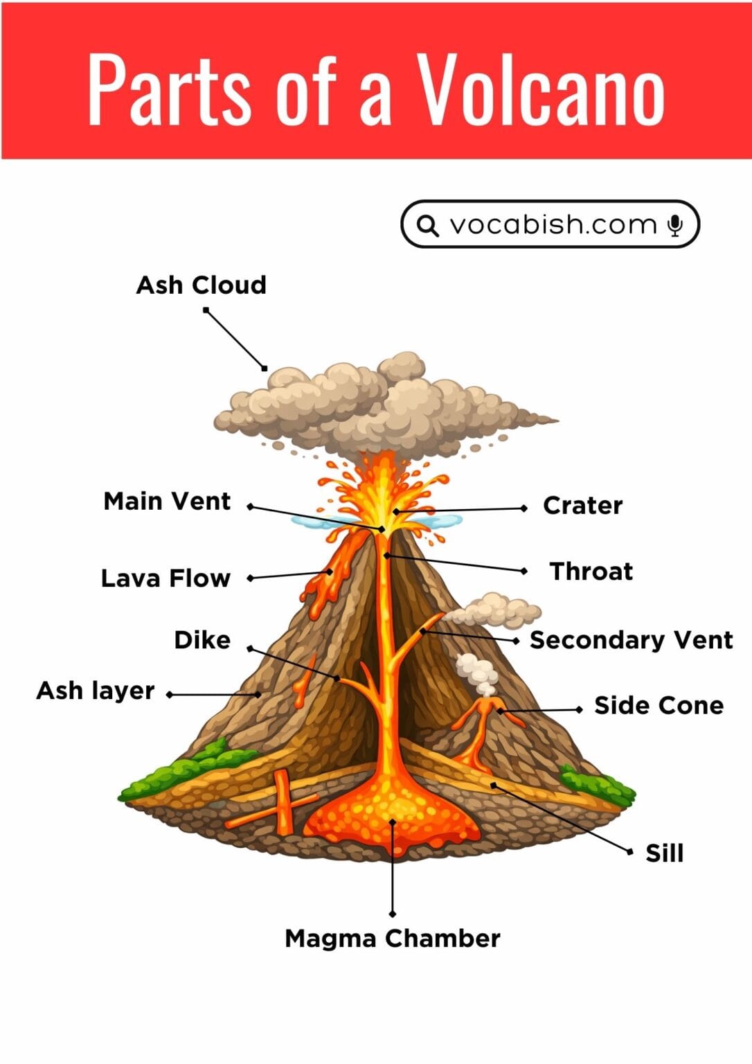 Parts of a Volcano with Names, Functions, and Labeled Diagram | Vocabish