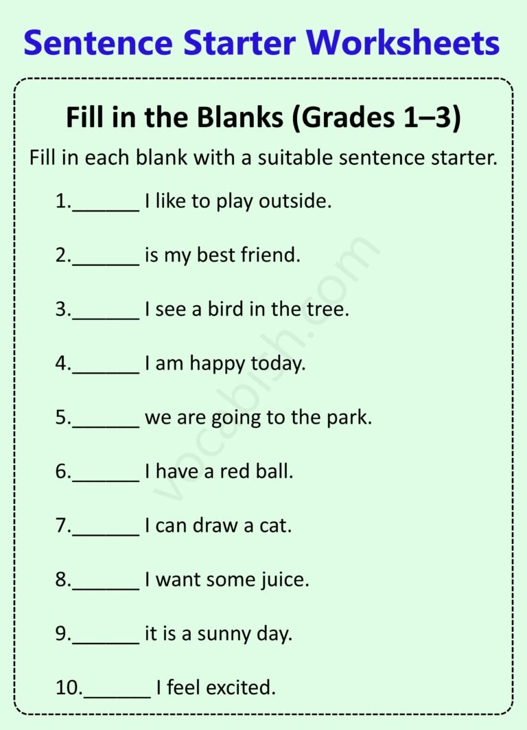 Sentence Starters for Kids Grades 1 to 10 with Worksheets | Vocabish